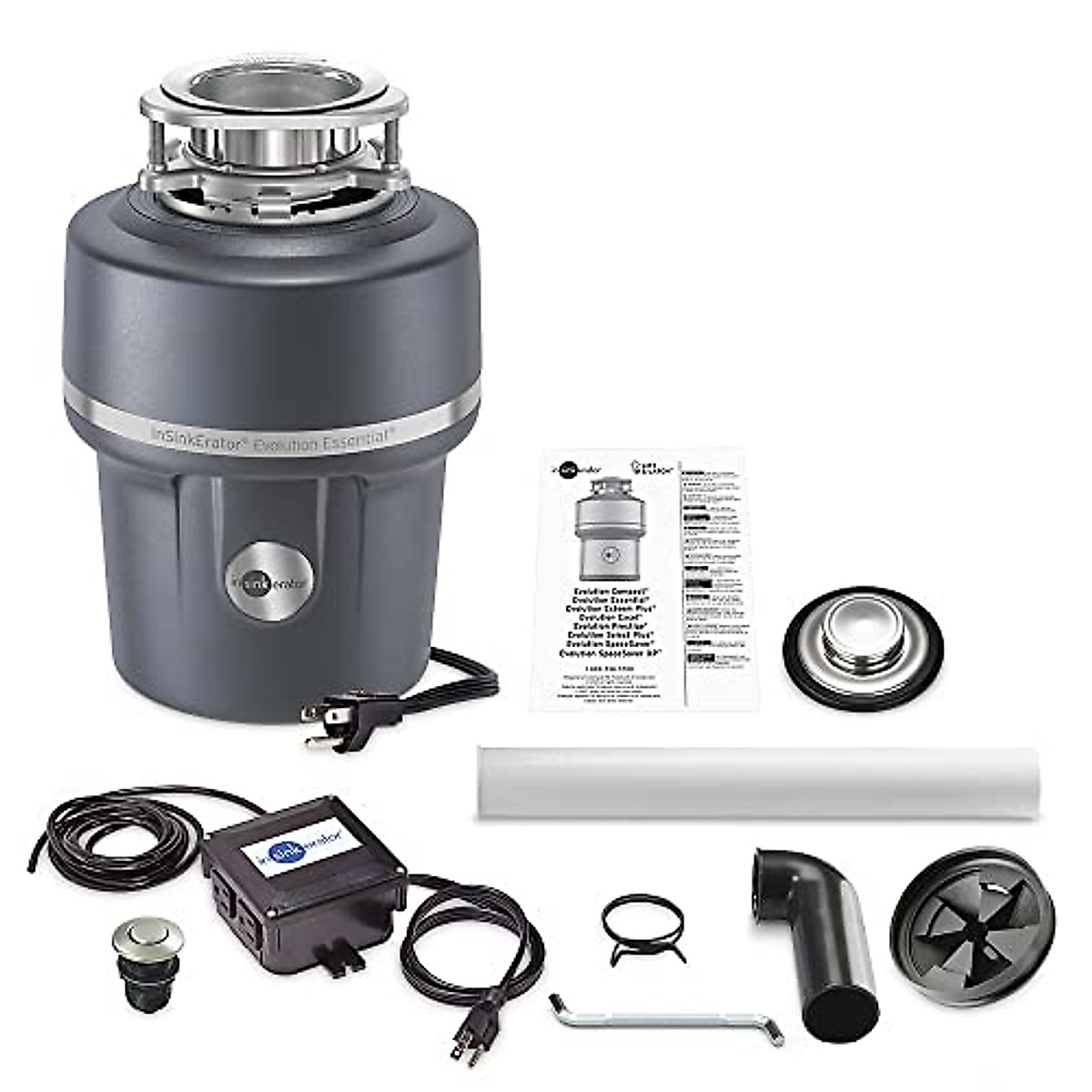 InSinkErator Garbage Disposal with Power Cord & Air Switch, Evolution Essential XTR, Quiet Series, 3/4 HP Continuous Feed, Gray