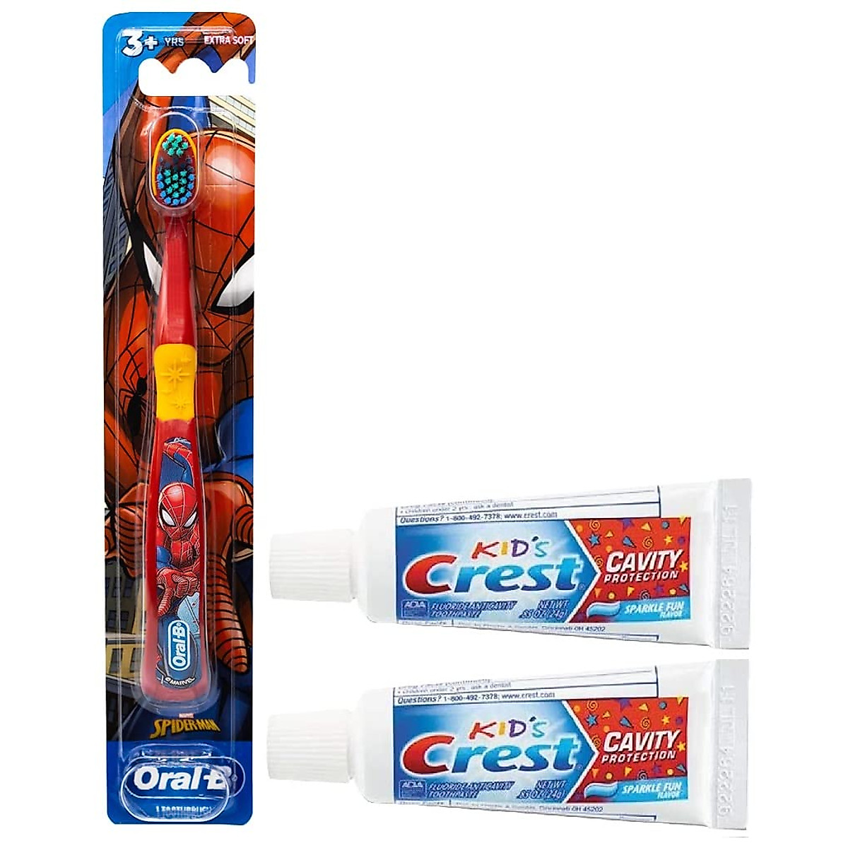 Oral-B Marvel Spider-Man Toothbrush, 3+ YRS, Extra Soft (Colors & Characters Very) & Kids Cavity Protection Toothpaste, Sparkle Fun Size 0.85oz (24g) Set of 2 - Pack of 3
