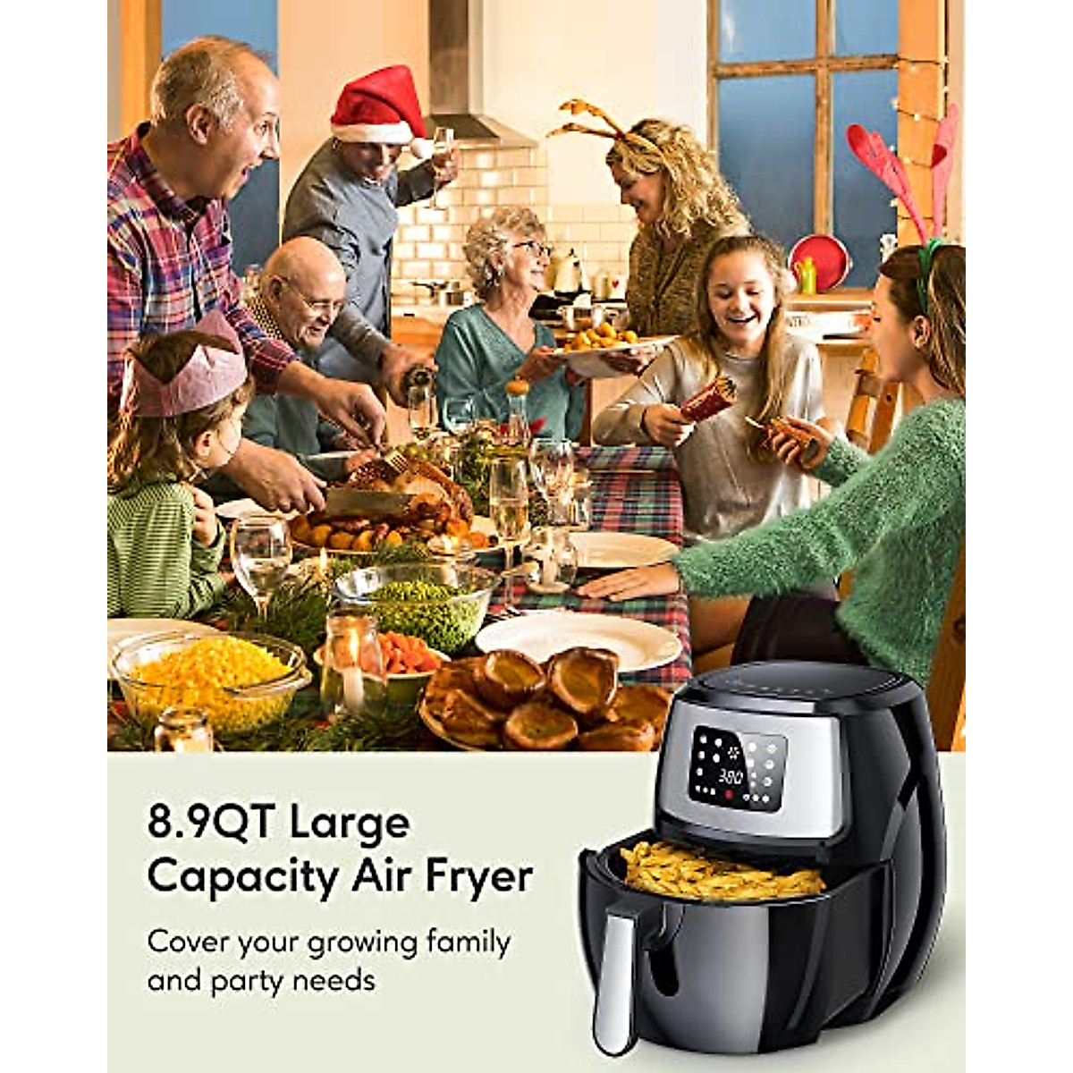 Famiworths Air Fryer, 8.9 Quart Large Electric Hot Air Fryer Oilless Cooker, Digital Touchscreen with 8 Presets, Preheat, Timer & Temperature Control, Non-stick Liner and Frying Basket, Cooking Tongs