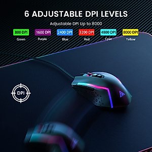 EKSA Gaming Mouse, Computer Mouse with 7 Programmable Buttons, Wired Gaming Mice with Chroma RGB 6 Backlit & Adjustable 8000DPI for Windows PC Gamers