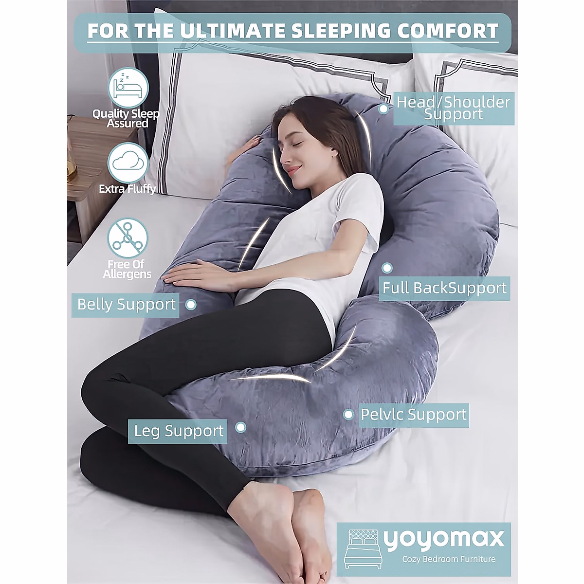 TINKLE WELL C-Shaped Pregnancy Pillows, Memory Foam Pregnancy Pillow Full Body Maternity Pillow with Removable Cover, 52 Inch Pregnancy Pillows for Sleeping (Grey)