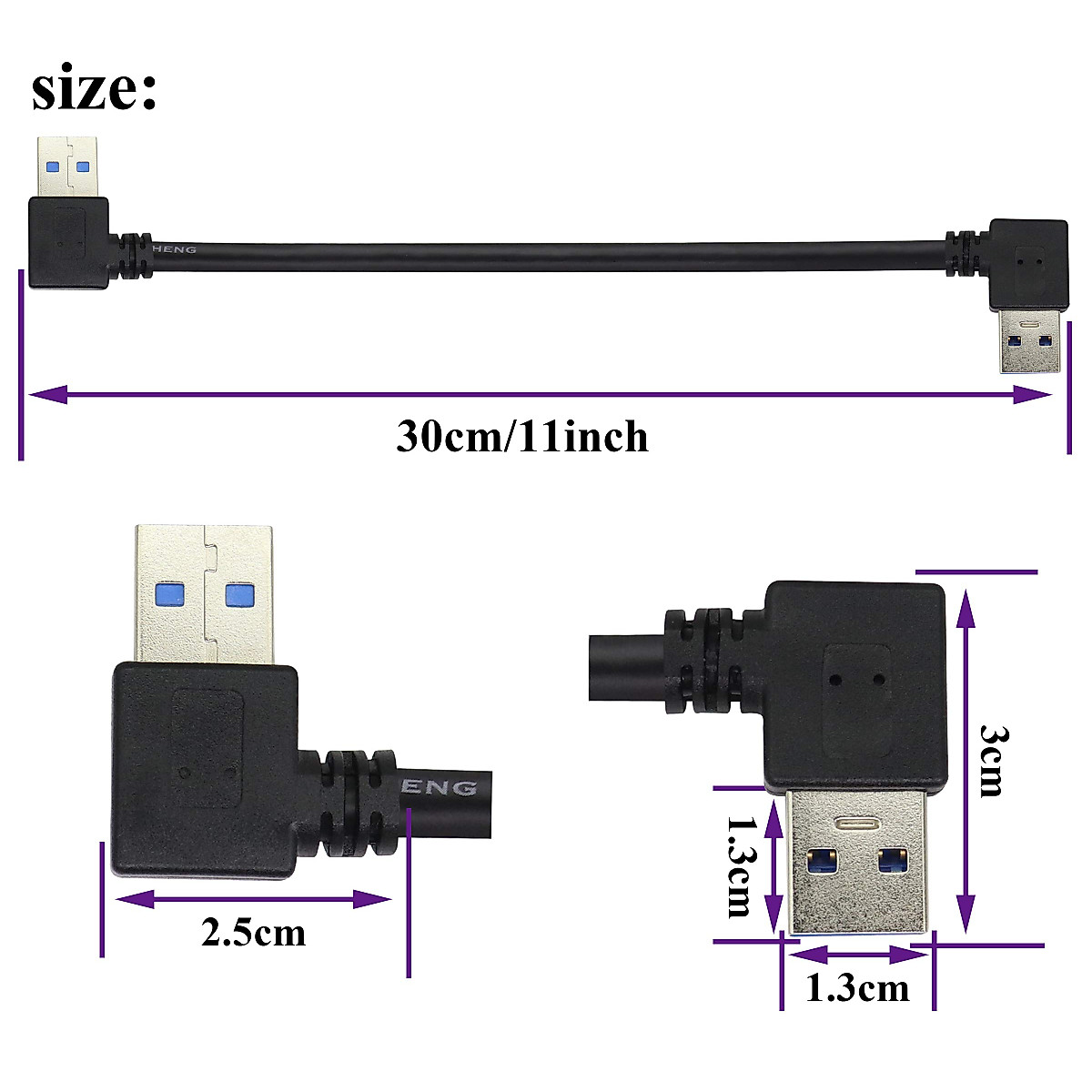 AAOTOKK 90 Degree USB 3.0 A Extension Cable Left & Right Angle USB 3.0 Type A Male to Male Charging and Data Transfer Cable for Hard Drive,Printers,Cameras,Mouse,Laptop Cooler(0.3M/1ft-Black)
