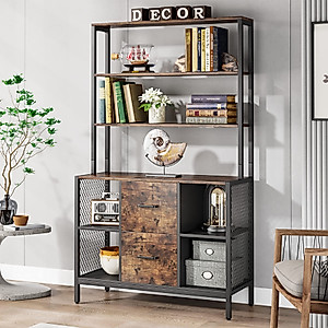 Tribesigns 2-Drawer File Cabinet for Letter Size, 6-Tier Vertical Filing Cabinet with Bookshelf Tall, Large Industrial Printer Stand with Open Storage Shelves for Home Office, Rustic Brown