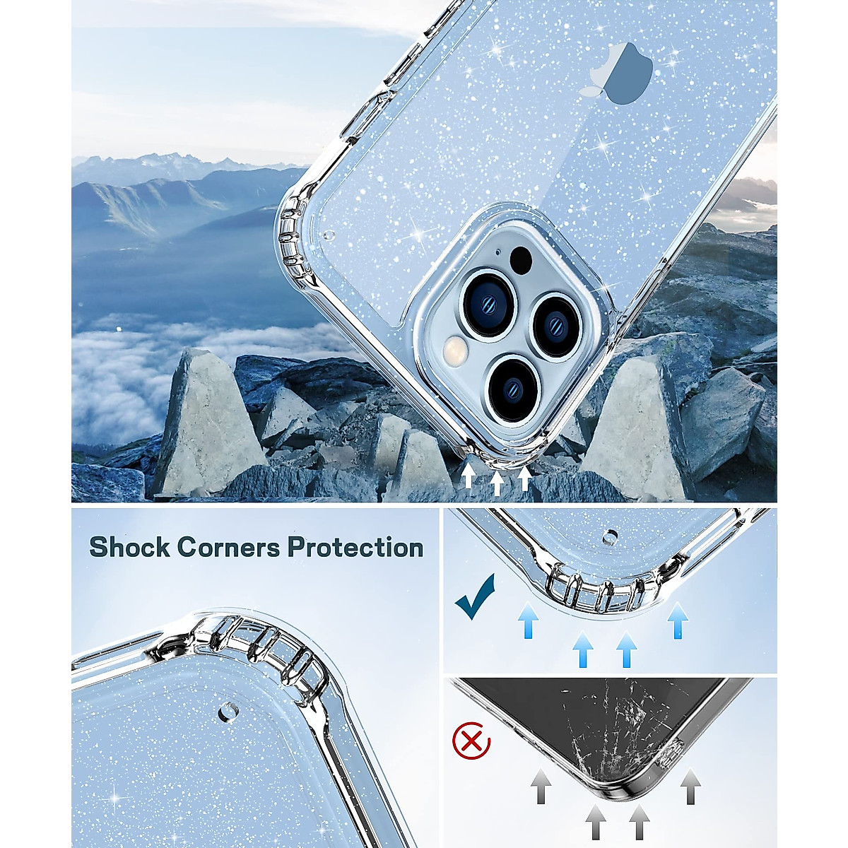 MIODIK for iPhone 13 Pro Case Clear Glitter, with Screen Protector + Camera Lens Protector, [Non-Yellowing] Crystal Women Girls Protective Shockproof Phone Case 6.1 inch - Sparkle Clear