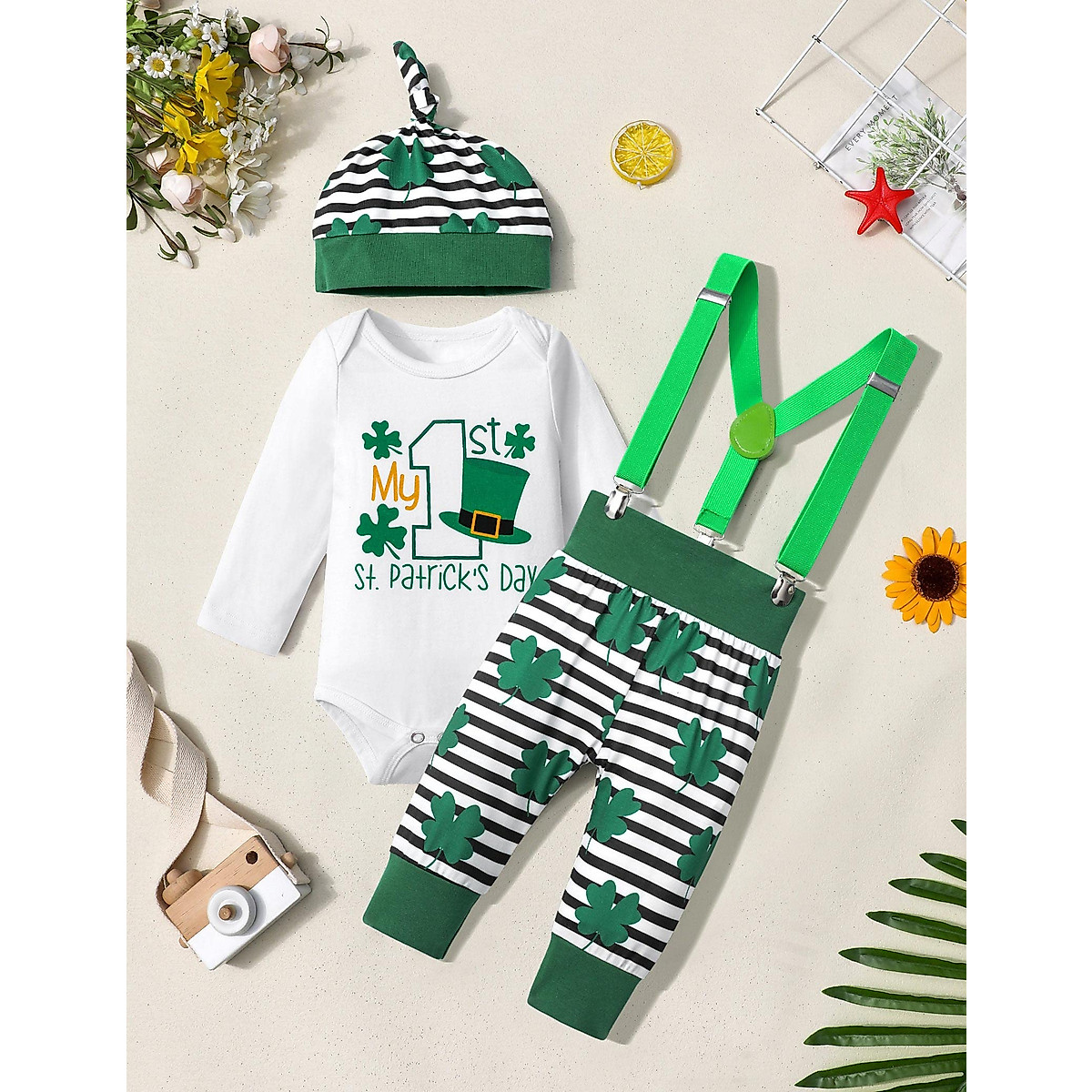 AGAPENG St Patricks Day Baby Boy Outfit Baby St Patricks Day Outfit Boy 3-6 Months Baby Boy St Patricks Day Outfit My First St Patricks Day 1st Romper Four Leaf Clover Suspenders Pants Stripe Hat