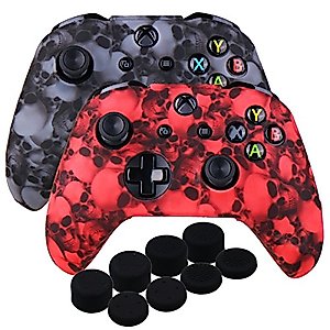 9CDeer 2 Pieces of Silicone Water Transfer Protective Sleeve Case Cover Skin + 8 Thumb Grips Analog Caps for Xbox One/S/X Controller, Skull Black & Red