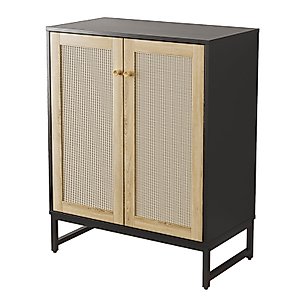 Kopuity Sideboard Buffet Cabinet, Storage Cabinet with Double Rattan Doors, Modern Rattan Sideboard Cabinet, Kitchen Storage Cabinet with Metal Feet, for Entryway, Bedroom, Living Room (Black)