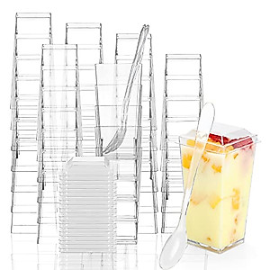 EASERCY 50 Pack 3 oz Square Mini Dessert Cups with Lids and Spoons Clear Dessert Shooter Cups with Spoons Parfait Cups with Lids Appetizer Cups for Party Small Plastic Dessert Cups for Pudding