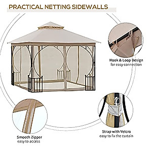 Outsunny 10' x 10' Patio Gazebo, Double Roof Outdoor Gazebo Canopy Shelter with Netting, Steel Corner Frame for Garden, Lawn, Backyard and Deck, Beige