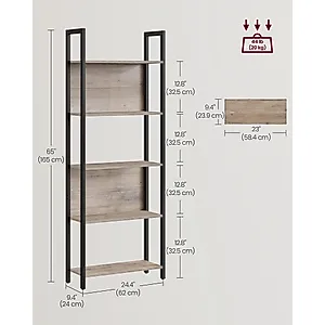 VASAGLE 5-Tier Bookshelf, Book Shelf, Industrial Bookcase, with Steel Frame, for Living Room, Home Office, Bedroom, 9.4 x 24.4 x 65 Inches, Greige and Black ULLS025B02