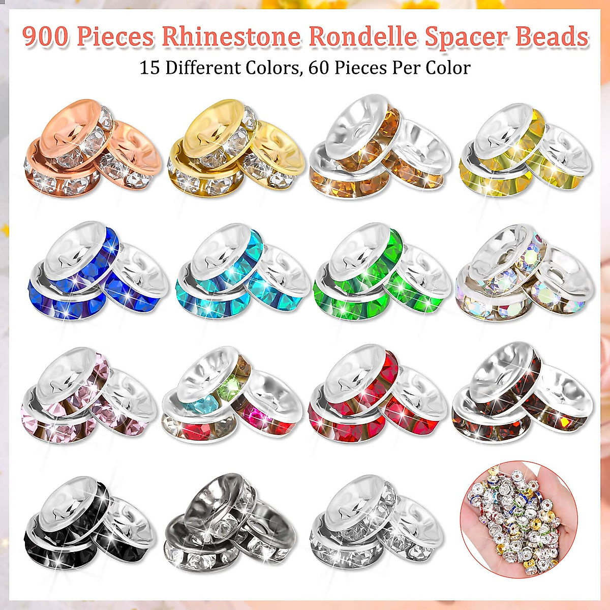 900 Pieces Rondelle Spacer Beads for Jewelry Making, 8mm Rhinestone Spacer Beads Crystal Bead Spacers for Bracelets, Focal Beads for Pen, 15 Colors