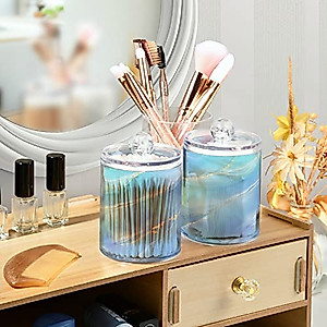 xigua 2 Pack Blue Gold Marble Apothecary Jars with Lid, Qtip Holder Storage Jars for Cotton Ball, Cotton Swab, Cotton Round Pads, Clear Plastic Canisters for Bathroom Vanity Organization (10 Oz)