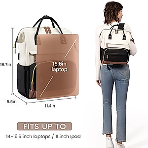 LOVEVOOK Laptop Backpack for Women, 15.6 Inch Work Business Backpacks Purse with USB Port, Large Capacity Teacher Nurse Bag College Bookbag, Waterproof Casual Daypack for Travel,Black-White-Brown