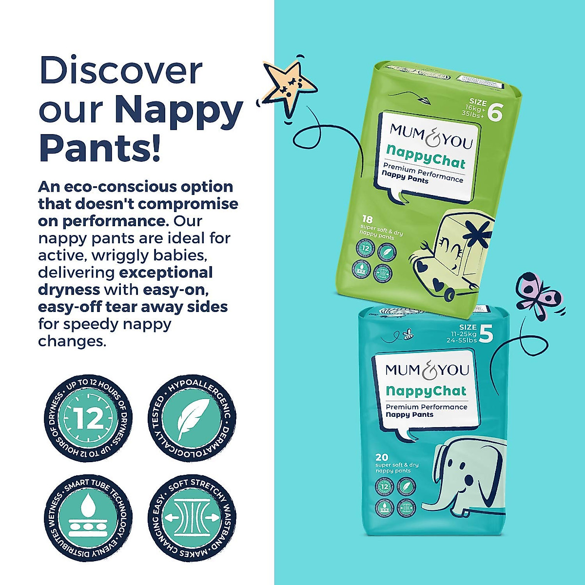 Mum & You Nappychat Premium Performance Eco Diapers, Size 5 (36 Diapers) Smart Tube Technology Leak Protection. 100% Recyclable. Hypoallergenic, Dermatologically-Tested. No Lotion, Perfume or Dyes.
