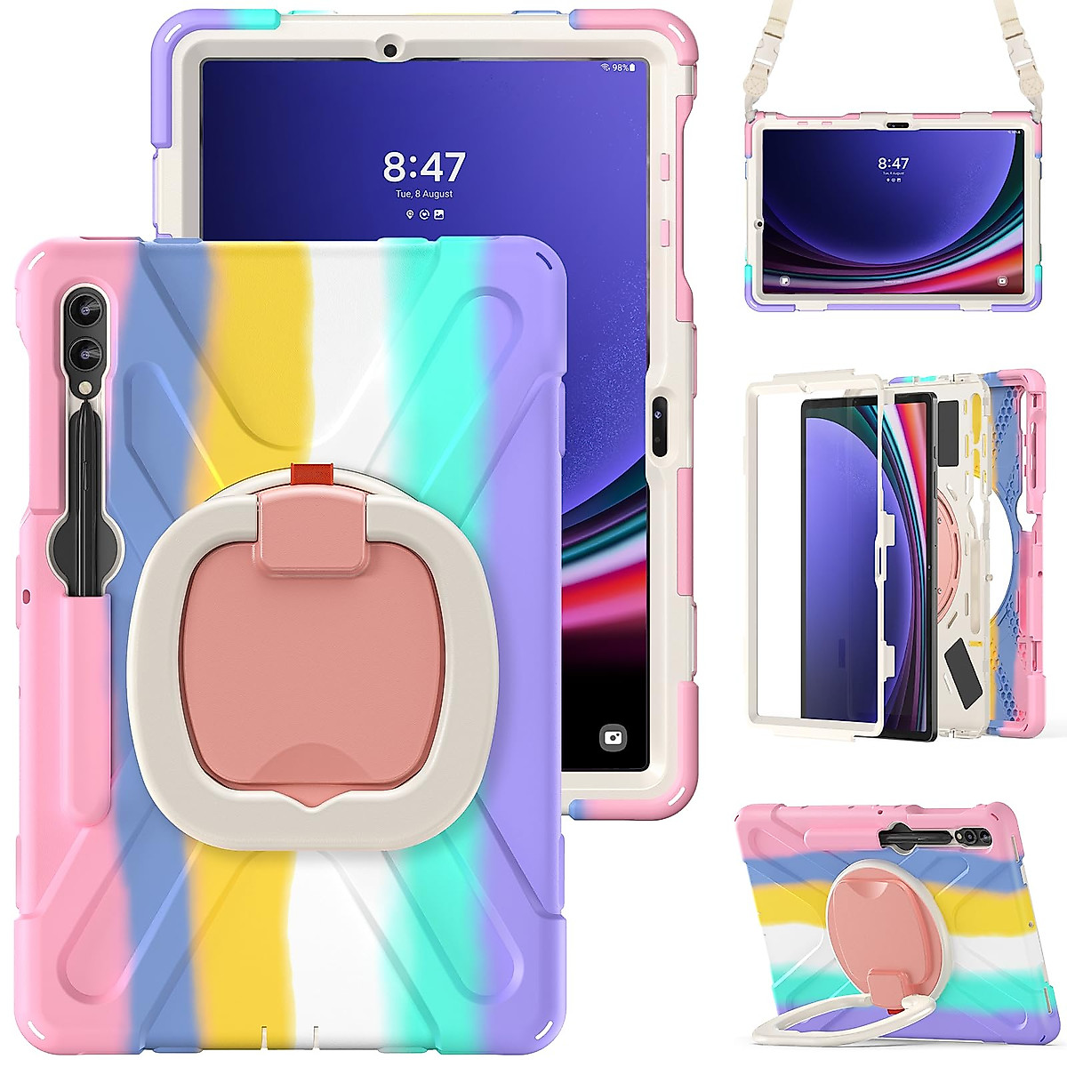 360 Rotation Case for Samsung Galaxy Tab S9+ 12.4'' 2023/S8+ /S7+/S7 FE，with Shoulder Strap S Pen Holder Rotatable Kickstand/Handle Rugged Silicone Case(Colorful Pink)