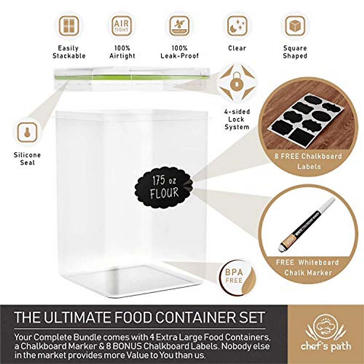 Chef's Path Bundle of Extra Large and Variety Airtight Food Storage Containers - Pack of 28 BPA Free Kitchen Canisters for Cereal, Rice, Flour, Bulk Food Storage - Free Labels, Marker and Spoons