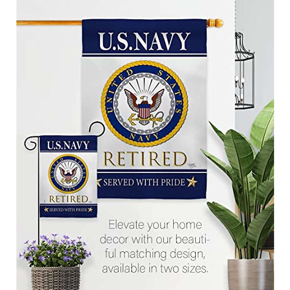 Breeze Decor US Navy Garden Flag Set with Stand Armed Forces USN Seabee United State American Military Veteran Retire Official House Banner Small Yard Gift Double-Sided, Made in USA
