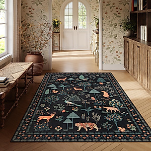 Lahome Jungle Animal Black Living Room Rug, 5x7 Washable Area Rug Soft Large Rugs for Bedroom Aesthetic, Modern Tree Classroom Playroom Rug Stain Resistant Carpet for Nursery Office Dorm, Black