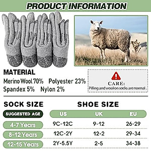 Sandsuced Kids Merino Wool Hiking Socks Girls Boys Winter Thermal Warm Cozy Boot Thick Cushion Gift Stocking Stuffers Socks 4 Pairs(Grey,4-7 Years)