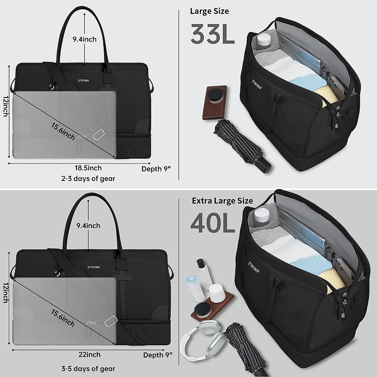 ETRONIK Weekender Overnight Bag for Women, Large Travel Duffle Bag with Shoe Compartment & Wet Pocket, Carry On Tote Bag Gym Duffel Bag with Toiletry Bag for Hospital 4 Pcs Set, Large Size, Black