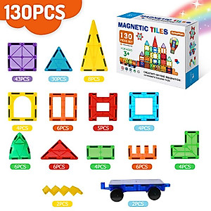 EchoPlan Magnetic Tiles, 130PCS Magnetic Blocks with 2 Cars, Magnet Tiles 3D Clear Building Blocks Set, STEM Sensory Educational Toys Gift for Toddlers Kids Boys 3 4 5 6 7 8 9+ Year Old