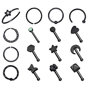 WASOLIE 16 PCS Nose Rings for Women 316L Stainless Steel Nose Piercings Jewelry Black Screw Men Nose Studs Rings.