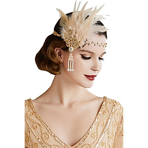 BABEYOND Art Deco 1920's Flapper Great Gatsby Inspired Leaf Medallion Pearl Headband Feather (Gold and Champagne Feather)