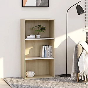 Camerina 3-Tier Book Cabinet 3 Tier Shelf Organizer Bedroom Storage and Organization Corner Book Shelf Office Open Bookshelf White and Sonoma Oak 23.6"x11.8"x44.9" Engineered Wood