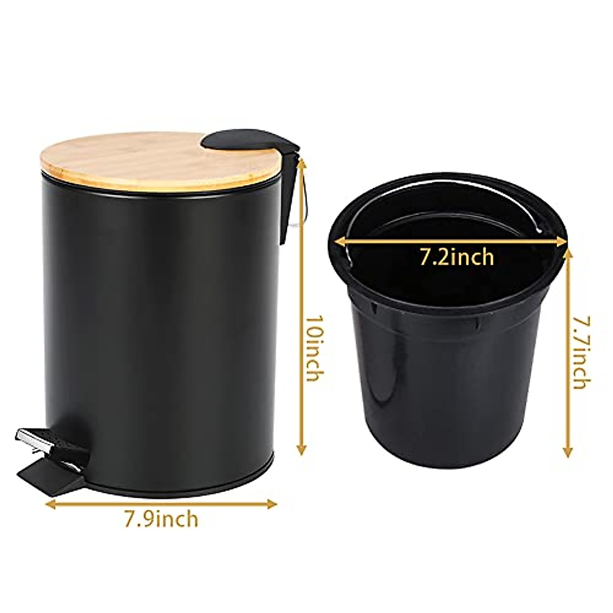 Aupekro Round Metal Trash Can with Bamboo lid and Pedal 5 Liter Garbage Container Bin with Removable Inner Wastebasket for Bathroom, Bedroom, Kitchen, Office (Black)