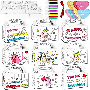 ZOIIWA 36 Sets Valentine's Day Treat Boxes DIY Color Your Own Unircon Goodie Boxes Valentine’s Party Favor Boxes Valentines Container Candy Box with Heart Tags for Kids School Classroom Supplies