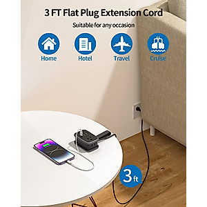 NTONPOWER Travel Power Strip with USB Ports, Portable Small Power Strip with 3FT Wrapped Flat Plug Extension Cord, 2 Outlets 3 USB Ports, Non Surge Protector for Cruise Ship Hotel Black