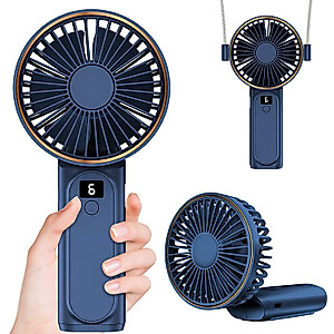 Handheld Fan, Portable Fan, 4000mAh Rechargeable Personal Fan, 180° Foldable Mini Desk Fan with 6 Wind Speed, LCD Digital Display, Lanyard as Neck Fan, Ultra Quiet, Pocket Size for Indoor Outdoor
