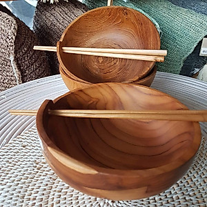 OMA Set Of Two Rice Bowls With Chopsticks Teak Wood Salad Noodle Udon Bowls