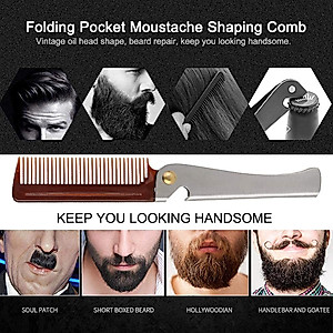 Beard Comb, Natural Wood Mustache Comb Folding Beard Comb for Combing Both Hair and Beard, 12x3.5x1cm