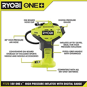 Techtronics RYOBI P737D ONE+ 18V Lithium-Ion Cordless High Pressure Inflator with Digital Gauge & New PBP005 ONE+ 18V Lithium-Ion 4.0 Ah Battery (Bulk Packaged)