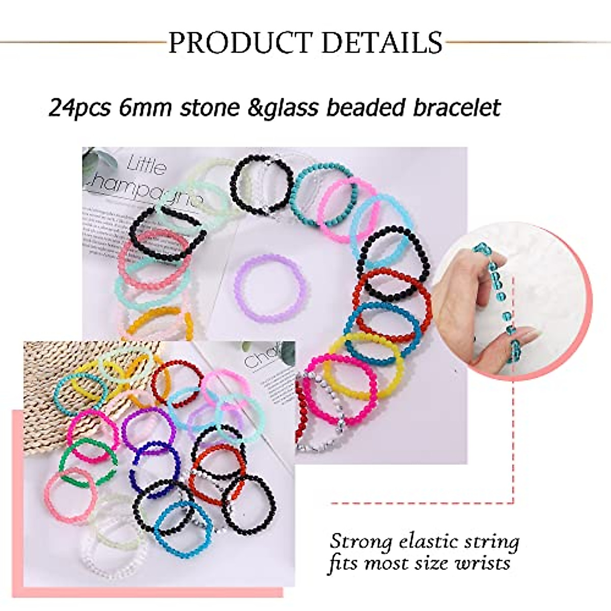 SAMOCO 24Pcs 6mm Beaded Stretch Bracelet Handmade Round Glass Bracelet for Women Multicolor Matte Beads Elastic Bracelet
