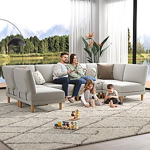 COPIAE 122” Modular Sectional Sofa, 6 Seat Oversized Sectional Couch with Chaise, Modern U Shaped Couch Set with Metal Frame& Wooden Legs, Performance Fabric Sleeper Sectional Sofas for Living Room