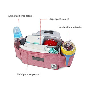 ZIOYCKL Baby Stroller Organizer with Insulated Cup Holders for Smart Moms,Diaper Storage,Secure Straps, Detachable Bag,Compact Design Fit All Strollers Fashionable&beautiful (Pink)