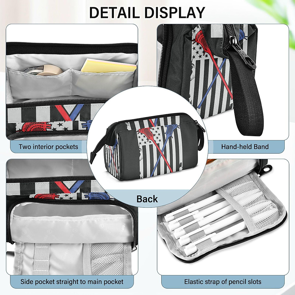 Glaphy American Flag with Lacrosse Hockey Pencil Case Large Capacity Pencil Pouch Bag Zipper Storage Stationery Bag for Office College School