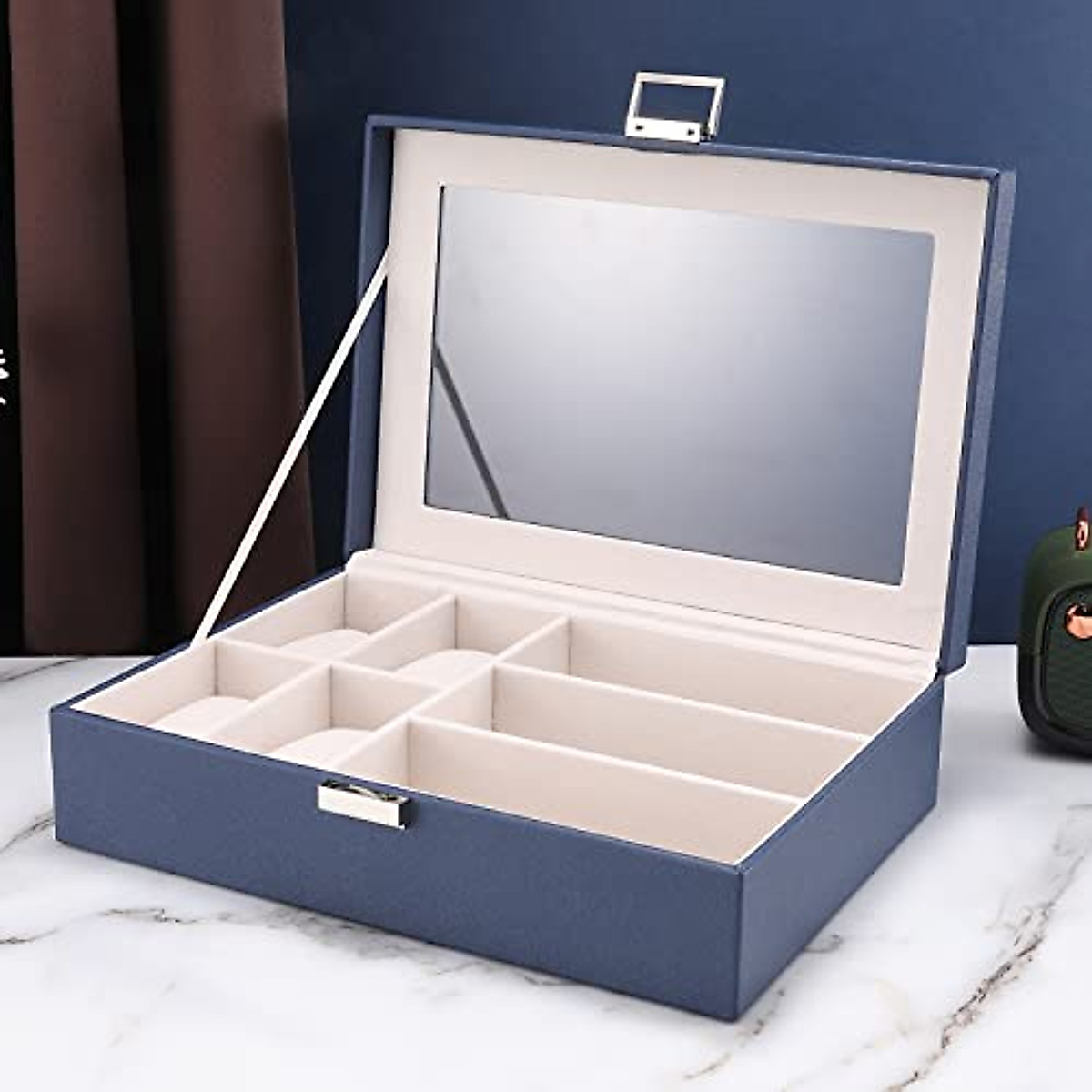 IVZISOWatch Box Display Cabinet Glasses Organizer, Jewelry Organizer, 4 Compartment Watch Organizer and 3 Compartment Glasses Case, Best Gift for Men and Women (Blue)