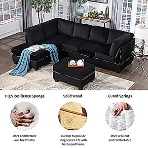 Eafurn 104.5" Convertible Sectional Reversible Chaise and Rivets Trim,L Shaped Corner Storage Ottoman and Cup Holders,Comfy Upholstery Sofa & Couches for Living Room, Black Velvet