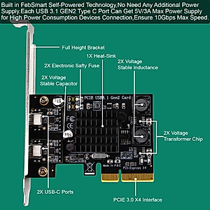 FebSmart 2X 10Gbps Max Speed USB-C Ports PCIE USB 3.1 GEN 2 Expansion Card for Windows, MAC OS and Linux PCs, Built in FebSmart Self-Powered Technology, No Need Additional Power Supply (FS-C2-Pro)