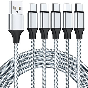 USB Type C Cable,[5-Pack, 3Ft ] USB Type A to C Fast Charger Cords for Samsung Galaxy S20 S10 S9 S8 Plus, Braided Fast Charging Cable for Note 10 9 8, LG V50 V40 G8 G7,(Silver)