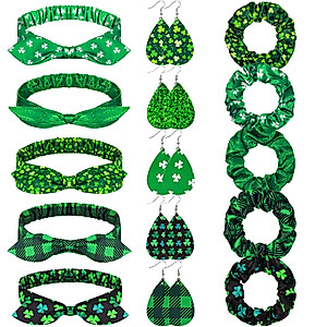 Syhood 5 Pairs St. Patrick's Day Faux Leather Earrings Teardrop Dangle Earrings and 5 Pieces Irish Green Hair Scrunchies and 5 Pieces St. Patrick's Day Wire Headbands Headwrap for Women and Girls