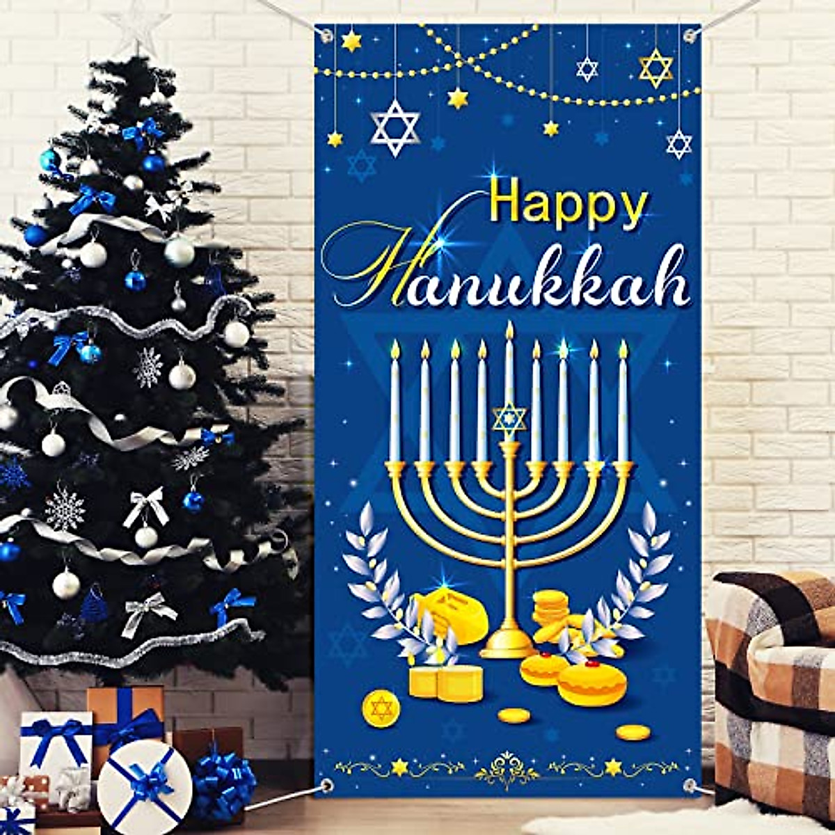 Happy Hanukkah Door Banner Chanukah Door Cover Hanukkah Banner Hanukkah Hanging Welcome Sign Banner Fabric Photography Prop for Jewish Festival Holiday Decorations Hanukkah Party Supplies