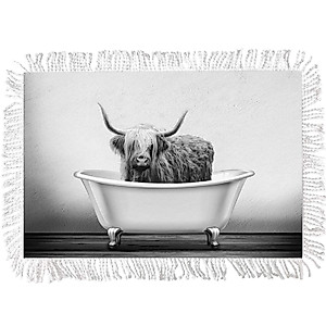 Beauty Decor Indoor Doormat Welcome Mat with Tassel Farmhouse Animal Highland Cow in Bathtub Bubble Funny Cattle Entrance Door Mat Rubber Backing Non Slip Area Rug for Home Office Garden- 18" x 30"