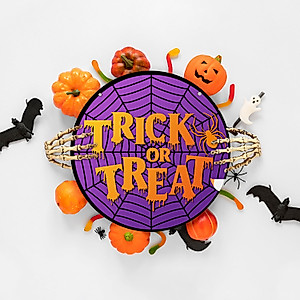 Halloween Hanging Sign with Rope, Trick or Treat Spider Web Sign, Front Door Porch Halloween Round Wood Sign, Halloween BOO Party Supplies, Indoor Outdoor Decor Wall Wood Sign Plaque - 8"(1pc),06