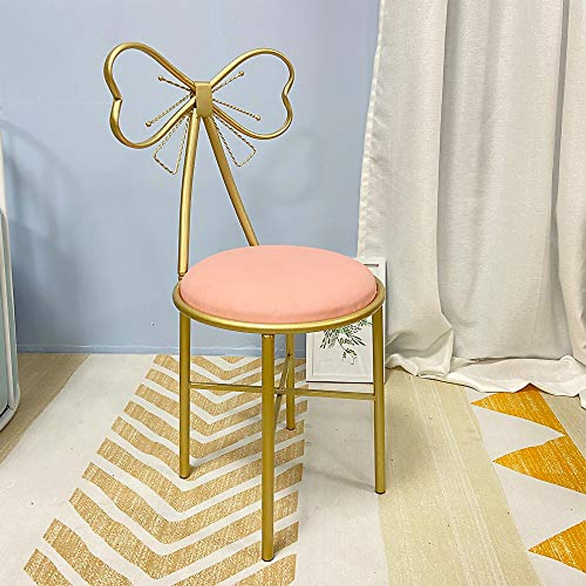 Wrought Iron Dressing Stool, Makeup Vanity Chairs Set of 2 with Butterfly Bow Tie Backrest Bedroom Princess Chair Girls Ladies Creative Makeup Stool (Leather- Pink)