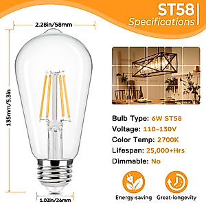 Brightever 4-Pack Vintage LED Edison Bulbs 60W Equivalent, 6W ST58 2700K Warm White Antique LED Filament Bulbs, E26 Medium Base, Clear Glass Style for Home and Commercial, Non-dimmable