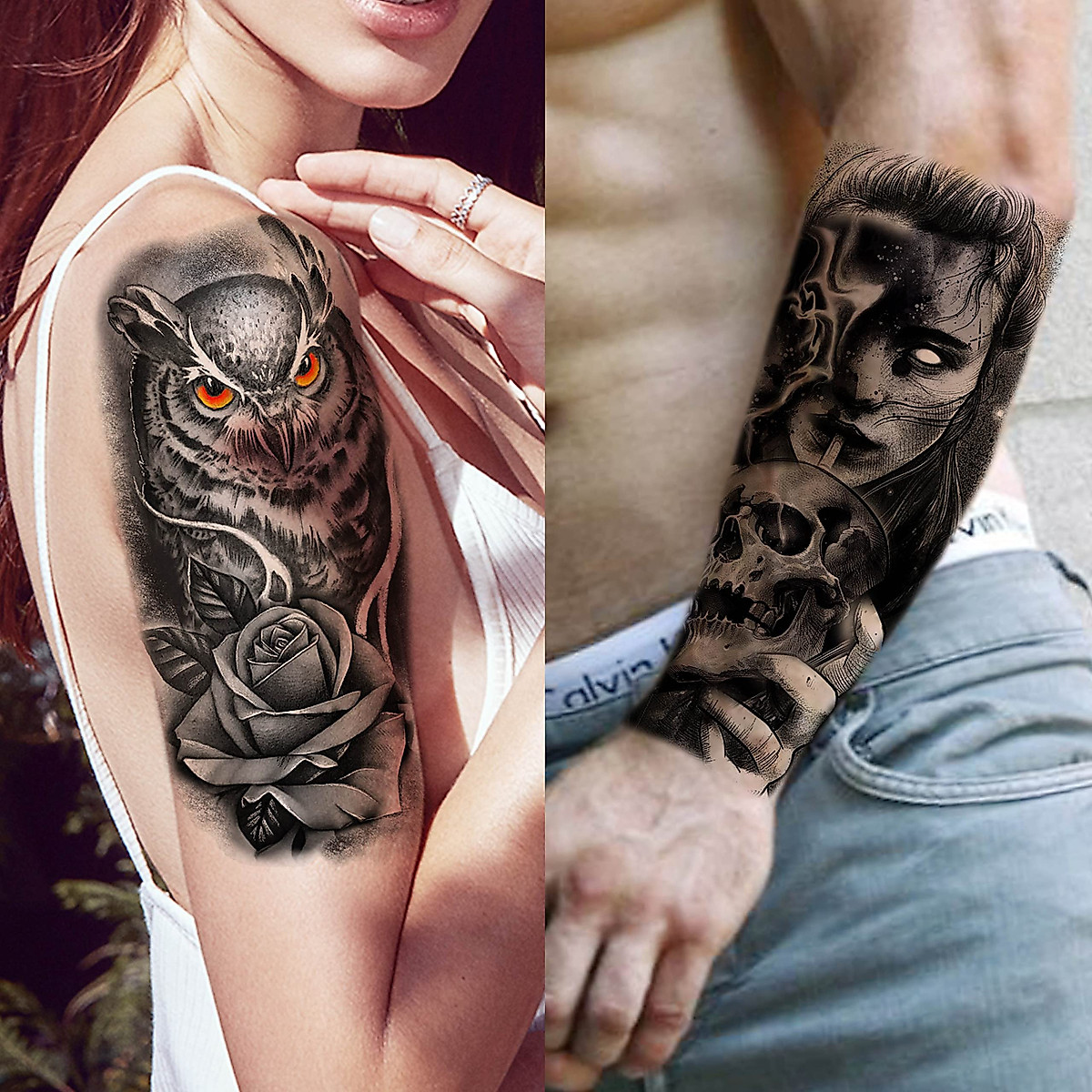 COKTAK 68 Sheets Large Half Arm Sleeve Temporary Tattoos For Men Women Forearm, Tribal Wolf Tiger Lion Owl Skull Temp Halloween Fake Tattoo Stickers Adults, Black Realistic Tattoo Flower Rose Animals